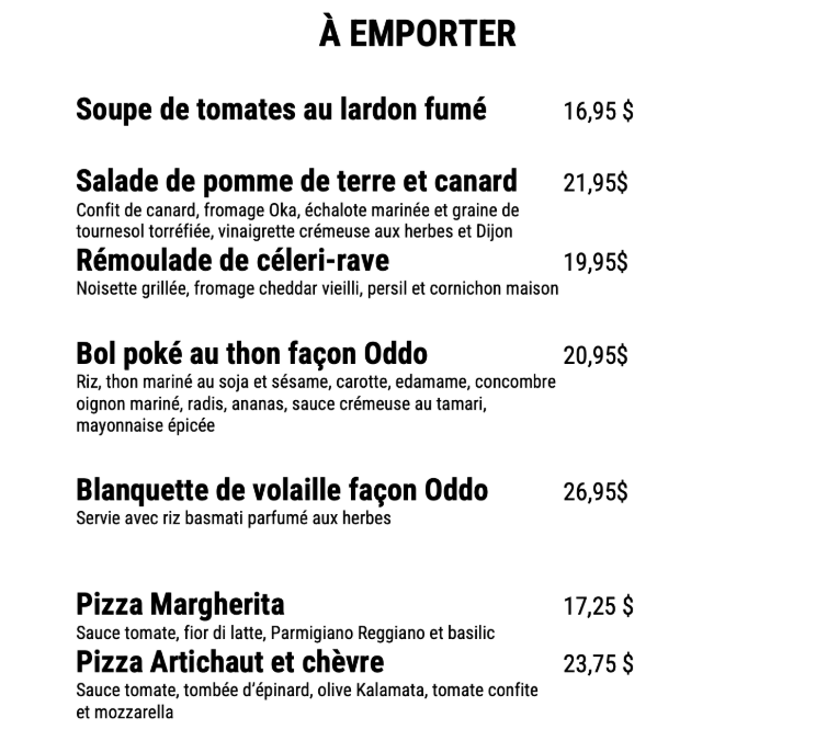Menu à emporter - Maison ODDO | Pâtisserie | Viennoiserie | Cuisine | Boulangerie | Gatineau